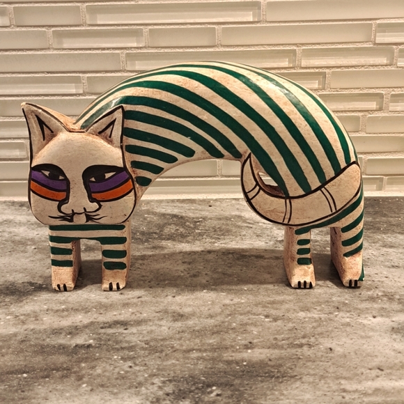 Art | Laurel Burch Style Carved Wooden Cat Figurine Hand Painted Folk ...